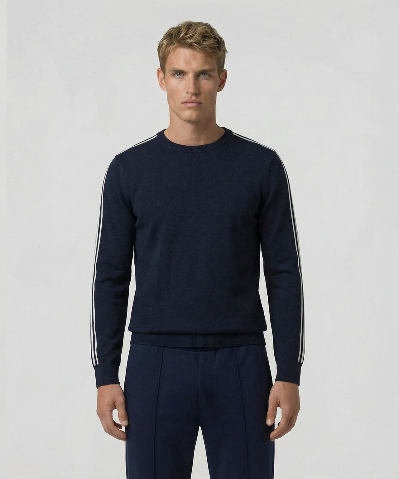 Wool Cotton Sweater w. Lines Navy | Ron Dorff
